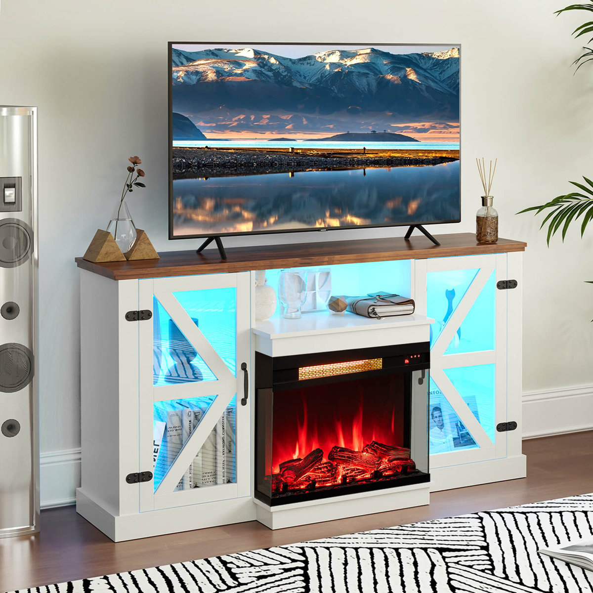 Ivy Bronx 58" Fireplace Tv Stand With 23" 3-side Glass Electric Fireplace 20 Color Led Lights ...